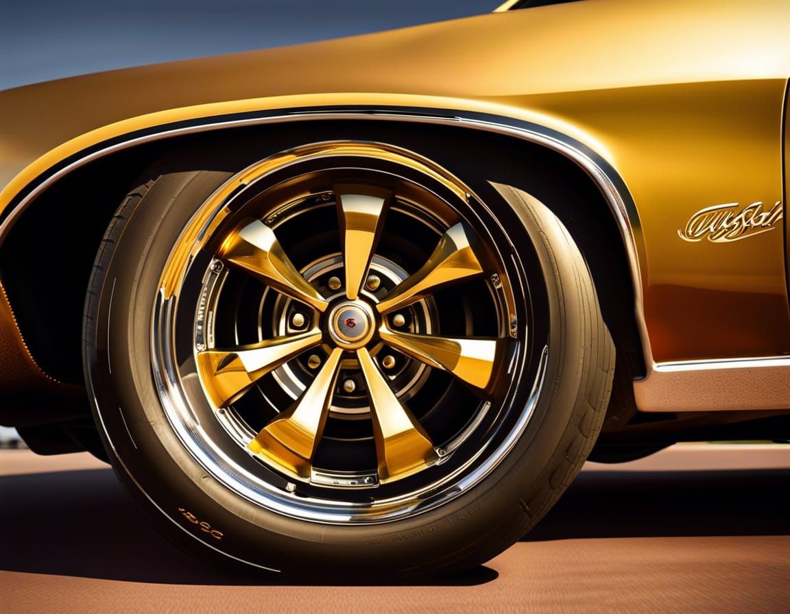 Photo of a 1970s USA muscle car, gold chrome paint job, fat slick tyres ...