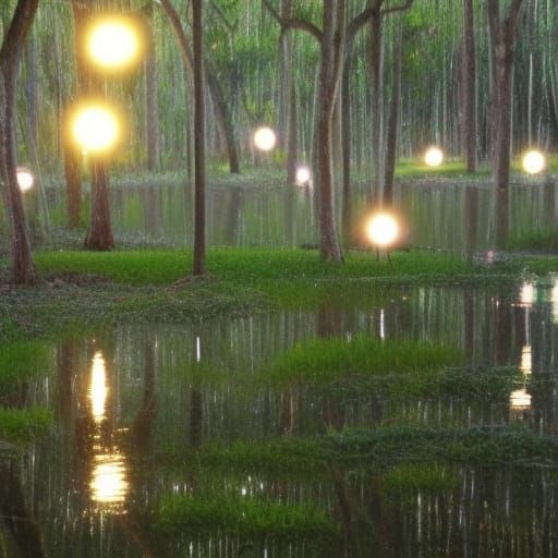 Lots of Balls of light over the swamp impasro - AI Generated Artwork ...