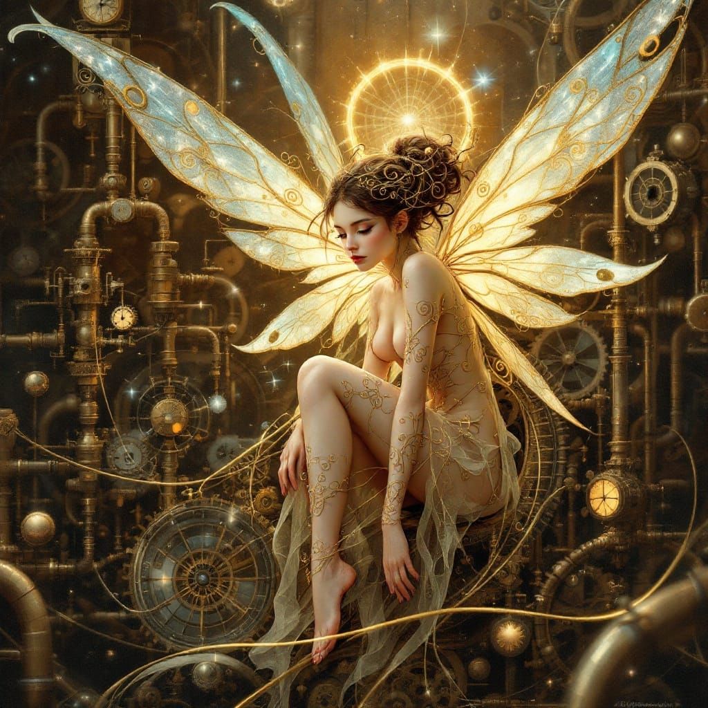 Ethereal Faerie amidst Steampunk Contraption - AI Art