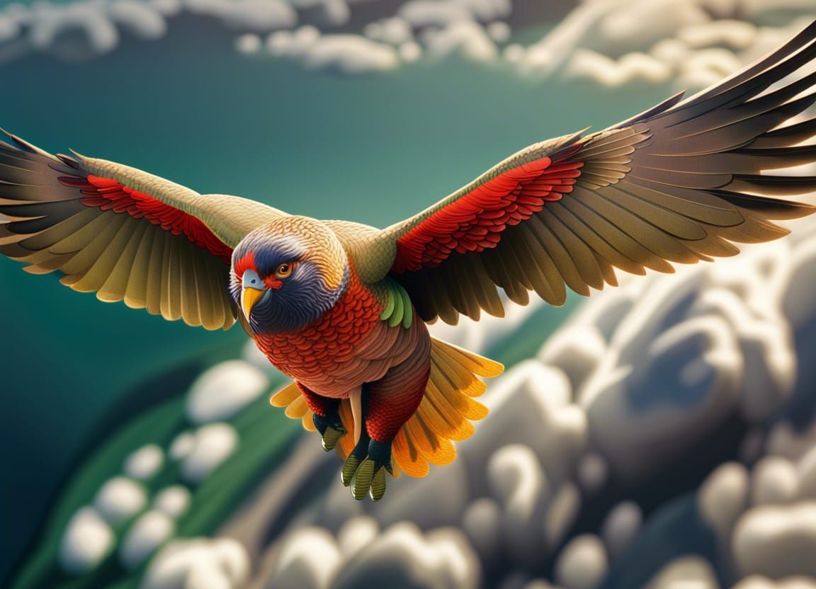 Flying high over Christchurch, a beautiful male Kea in full-wing - AI ...