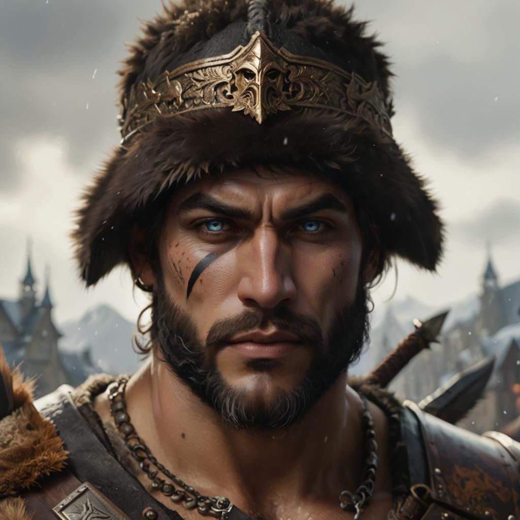 High fantasy epic attractive Male winter barbarian with black warpaint ...