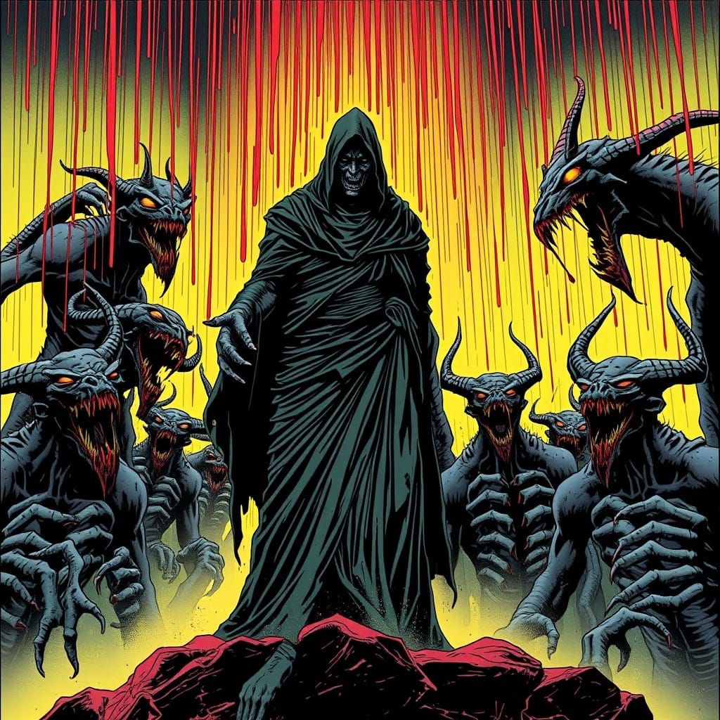 Dark Demons Laughing at Crimson Rain in a Moebius-... - AI Art
