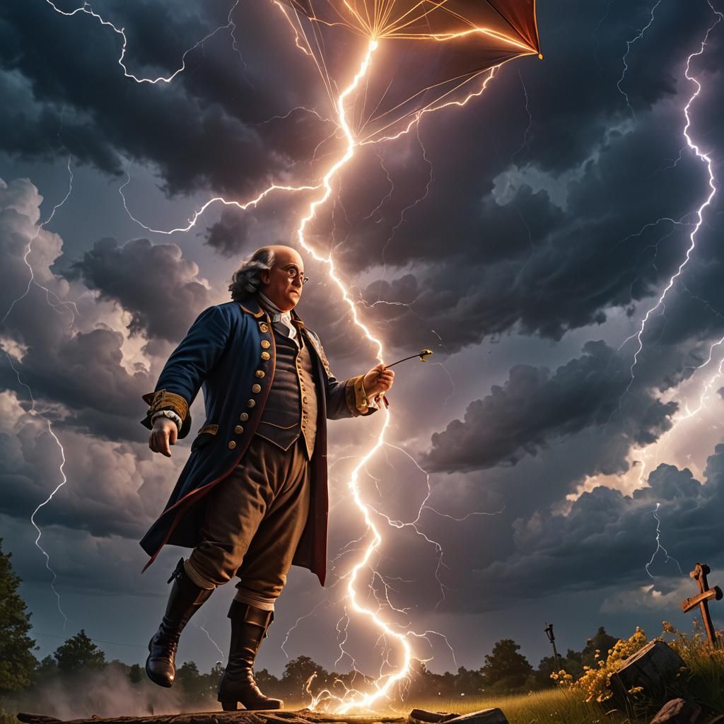 Benjamin Franklin flying a kite experimenting with lightning - AI ...