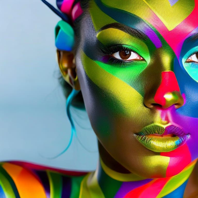 female model covered in colorful bodypaint posing for a photography ...