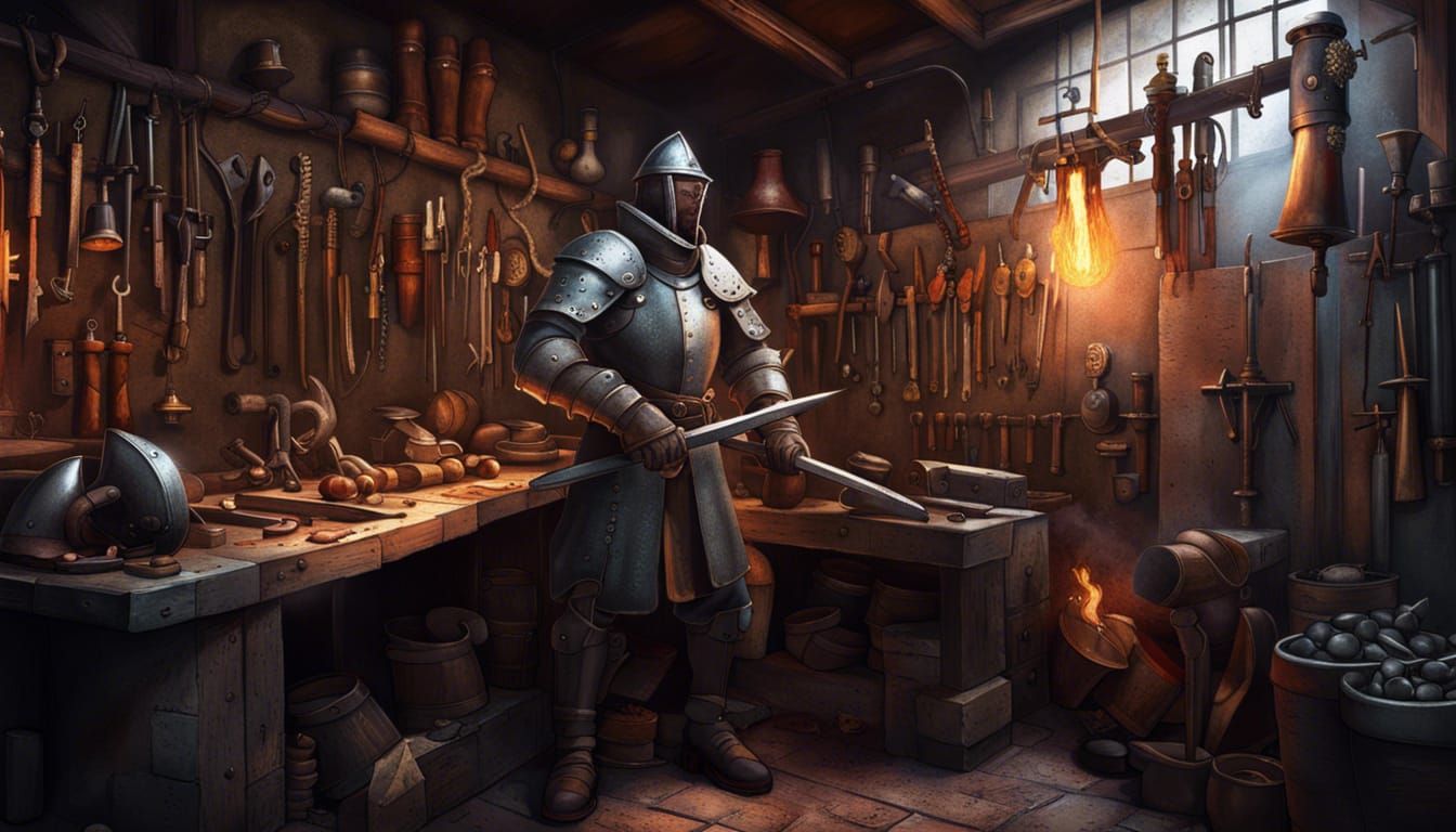an epic fantasy blacksmith with suits of armor and the walls have tools ...