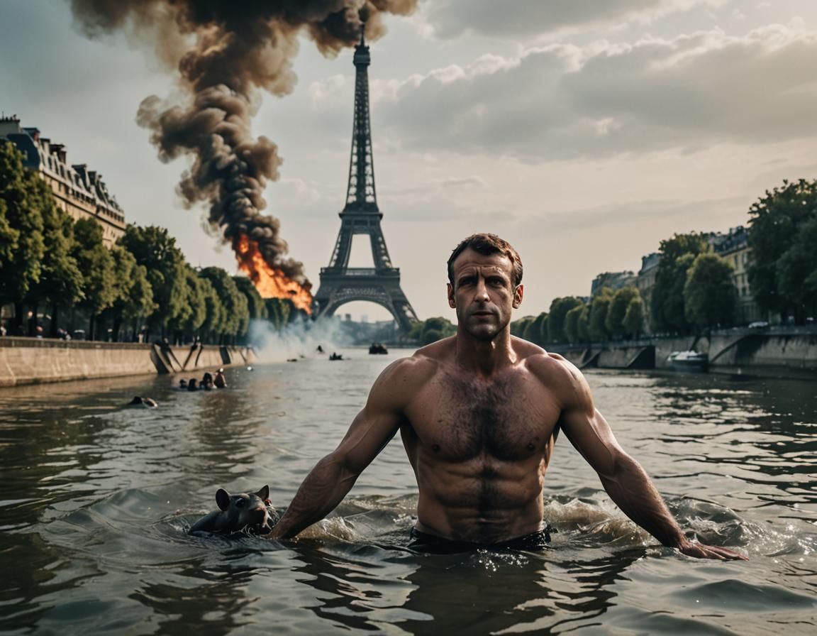 French president Emmanuel Macron swimming in the french river la Seine ...