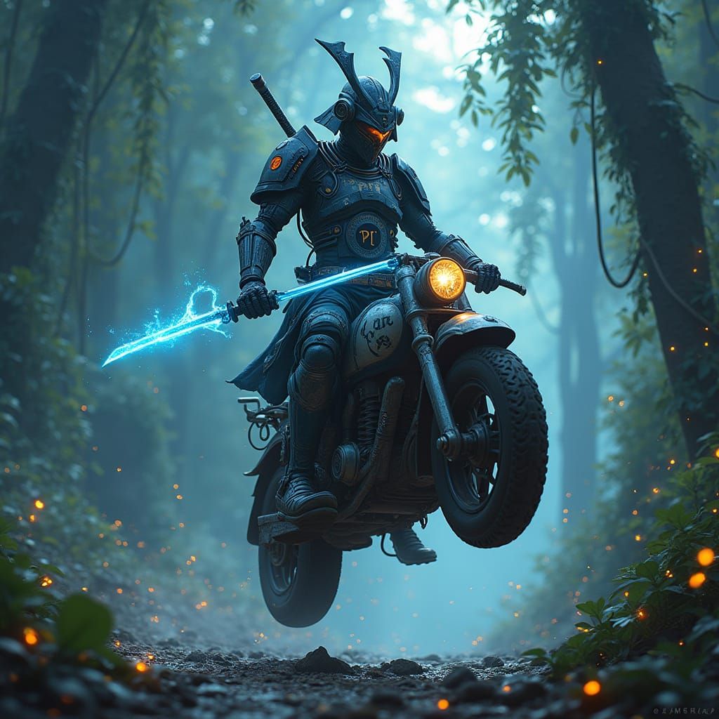 Cybernetic Samurai in Bioluminescent Jungle, Conce... - AI Art