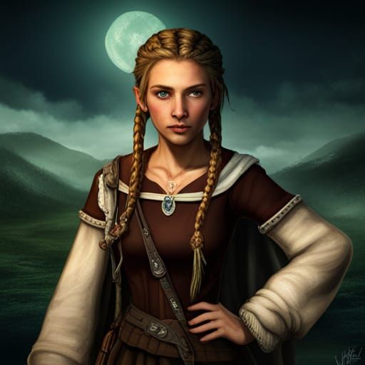 teenage peasant adventurer with blonde braided hair, green tired eyes ...