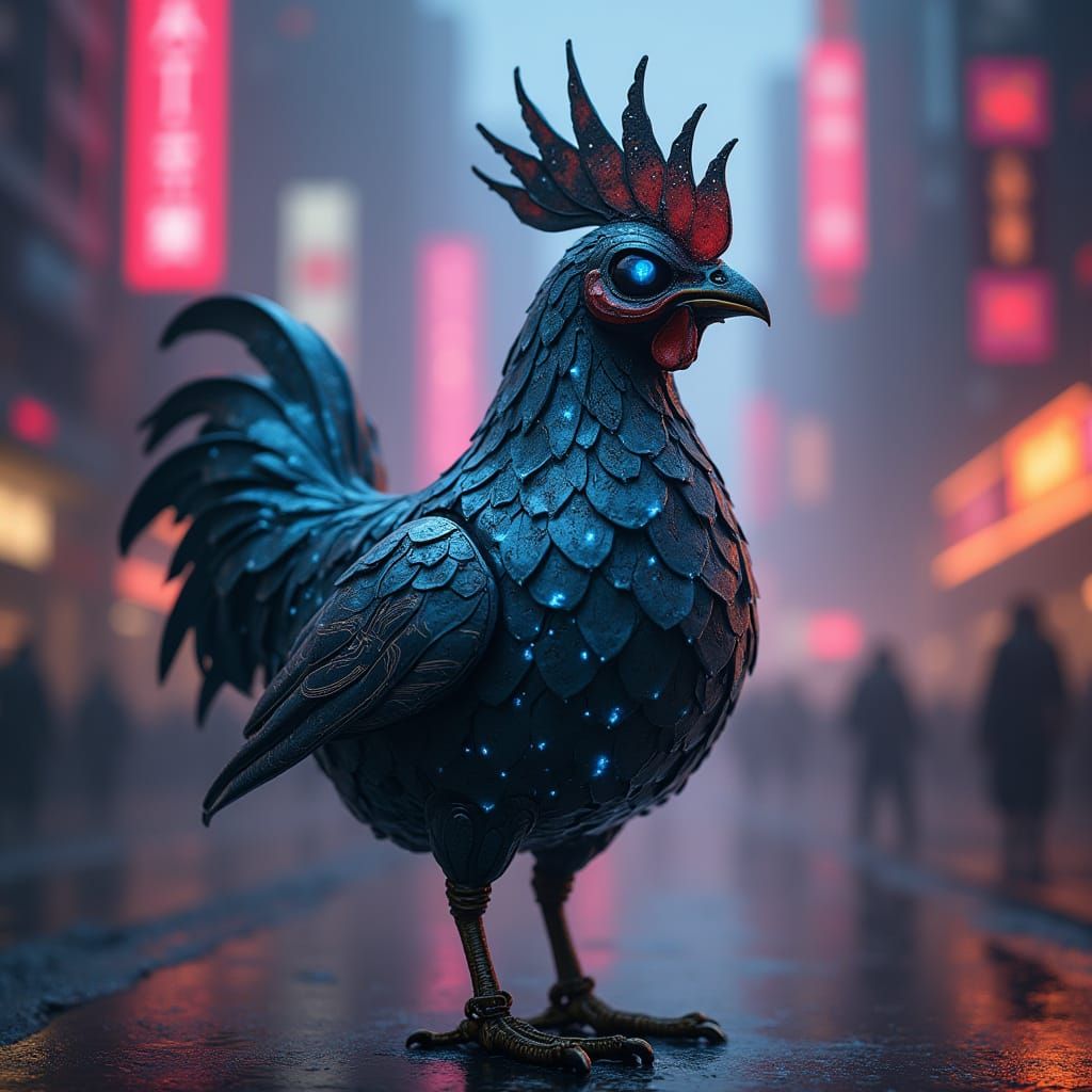 Ai chicken - Futuristic Robot Chicken in Neon Cityscape