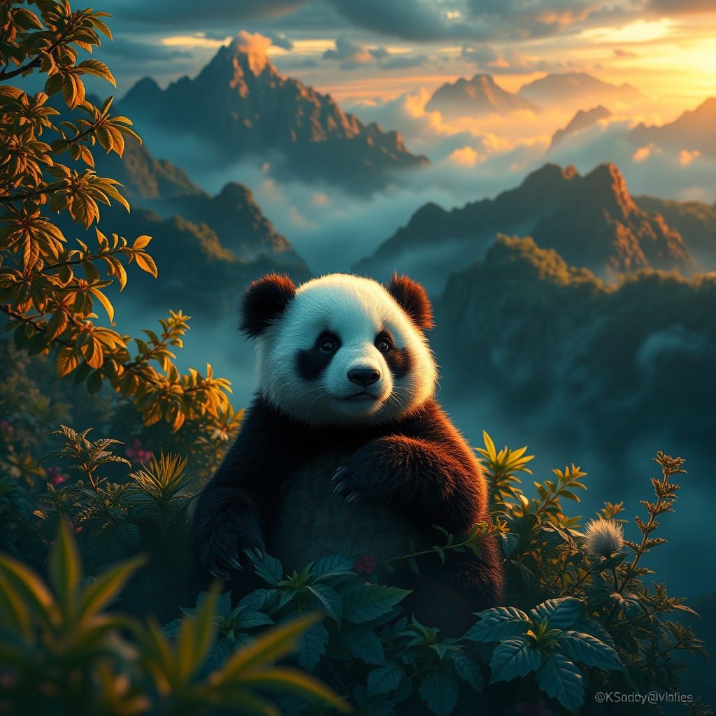 a small panda - Mystical Panda in Enchanted Mountainscape