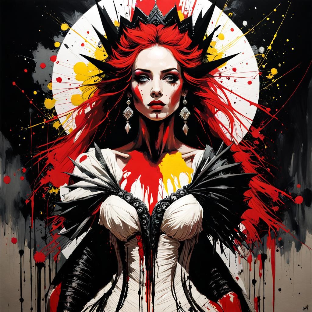 "ink splatter of red yellow and blackdetailed portrait of a dark queen ...
