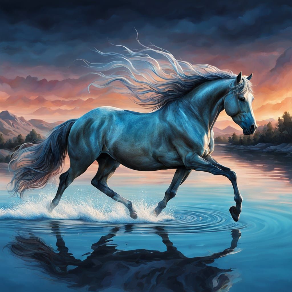 horse floating on running water - Majestic Horse Defies Gra...