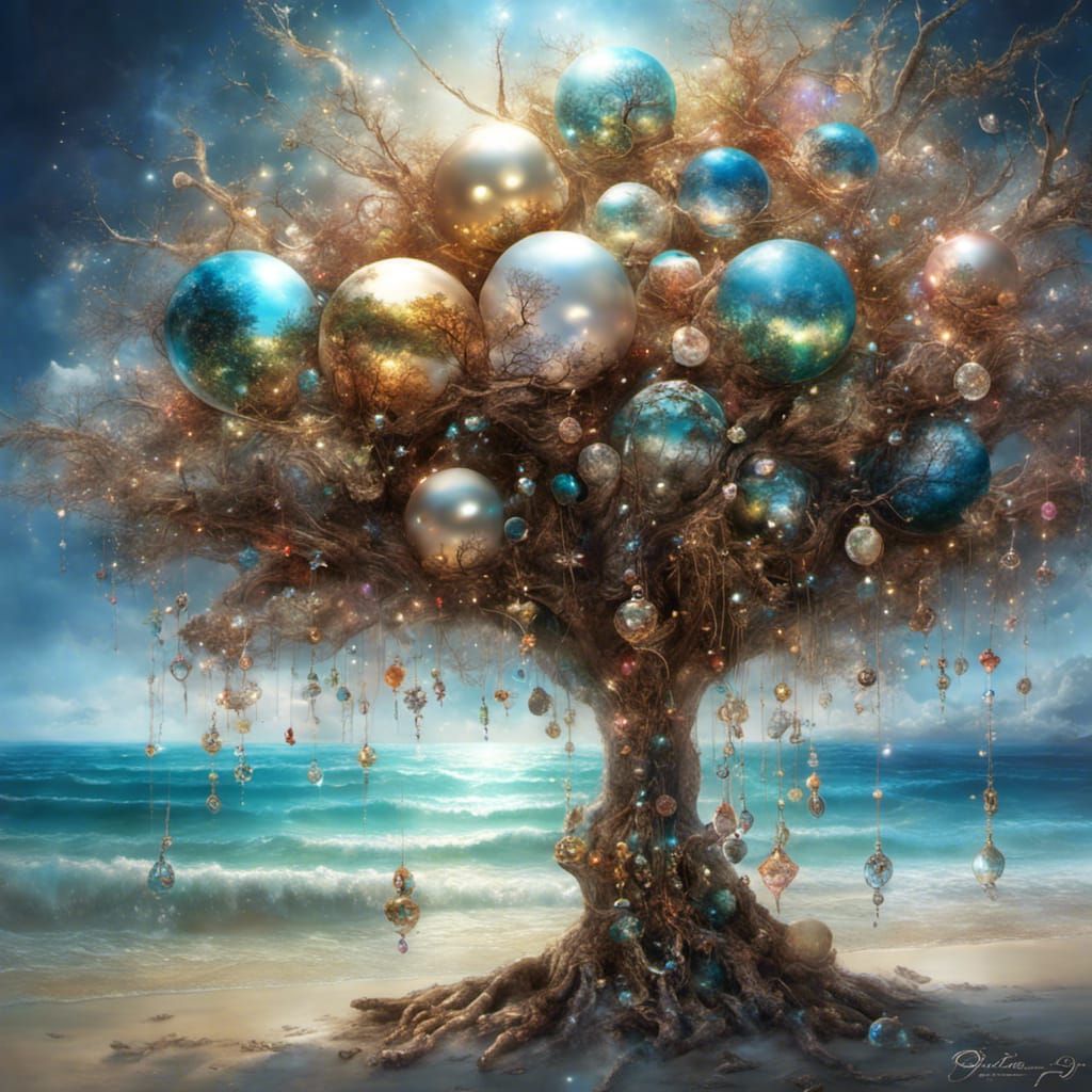 a sparkling fantastical tree on a beautiful beach with mother-of-pearl ...