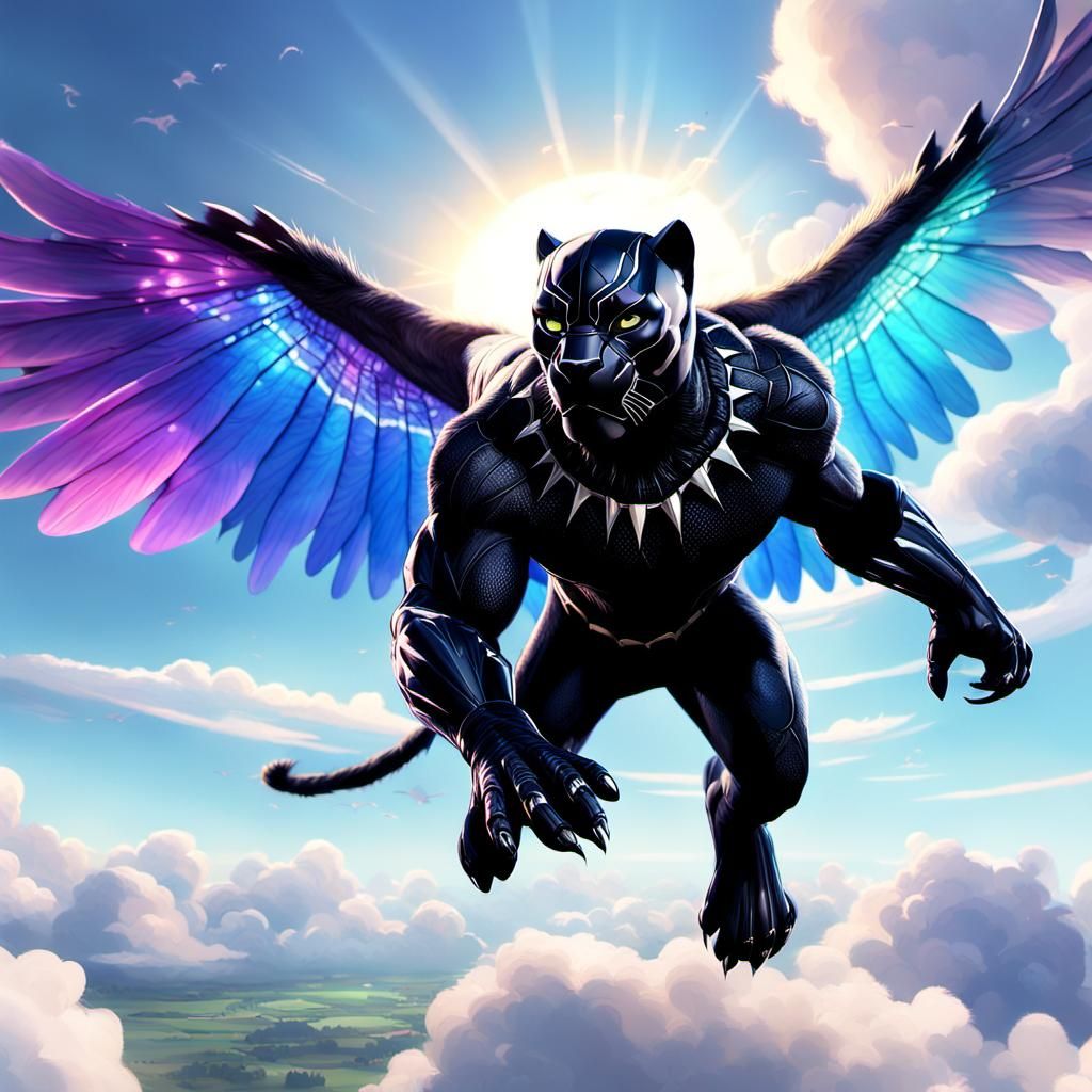 Cartoon black panther with wings flying.
