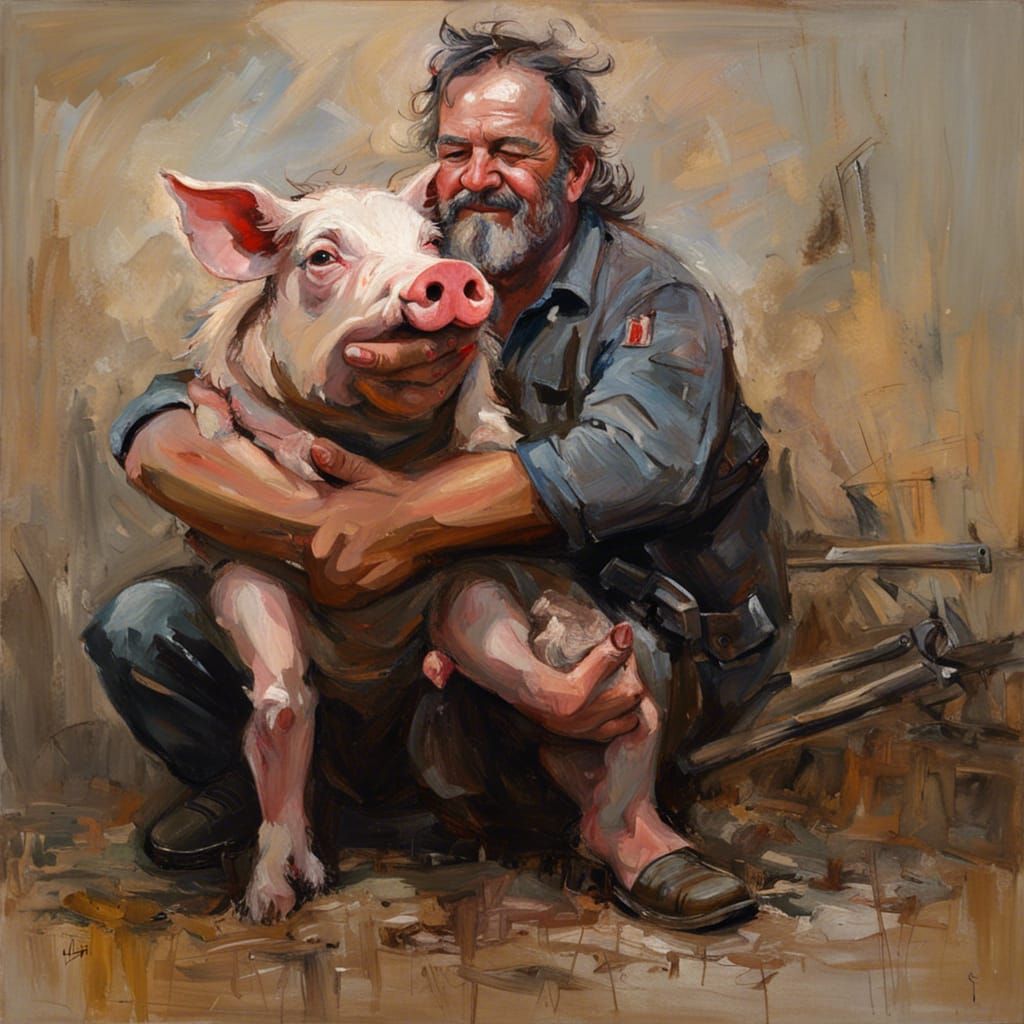 Drunk redneck hugging a swine - AI Generated Artwork - NightCafe Creator