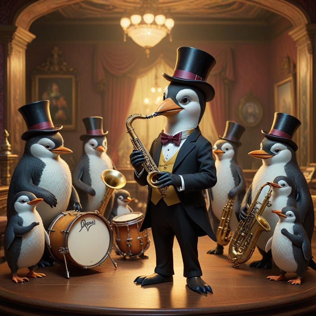 Group of penguins playing musical instruments
