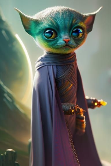 Insanely detailed photograph of an intense, jedi, Baby Yoda kitten ...