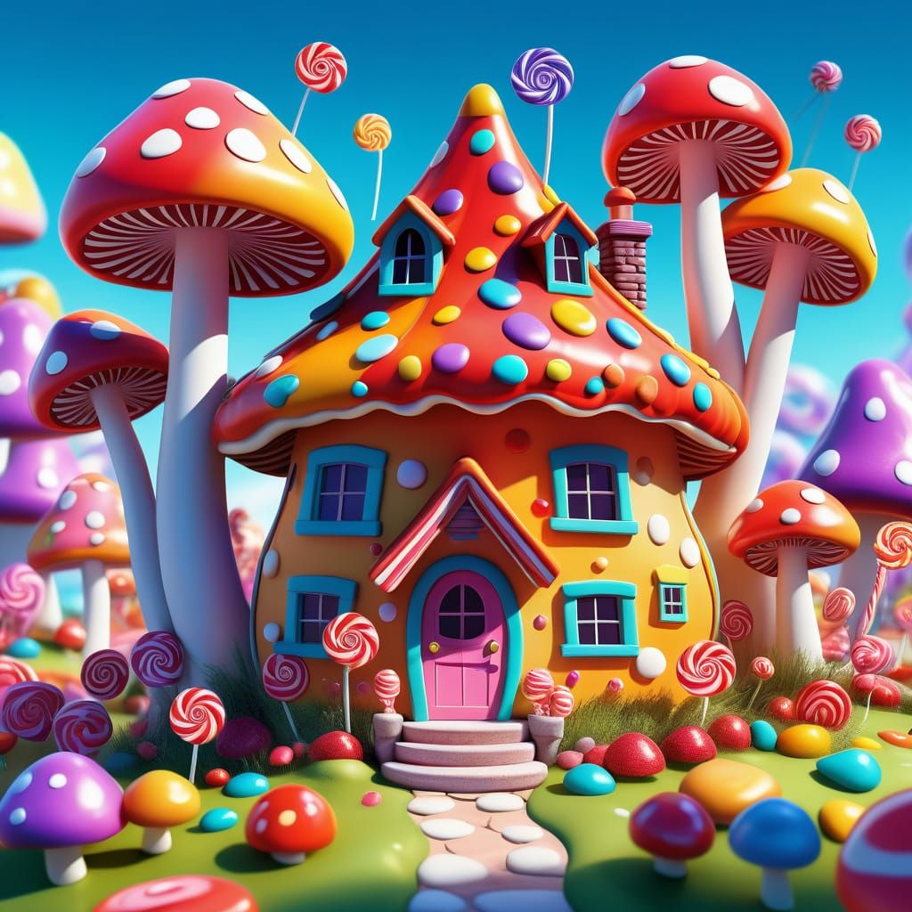 Whimsical Candyland Mushroom House in Vibrant Colo... - AI Art