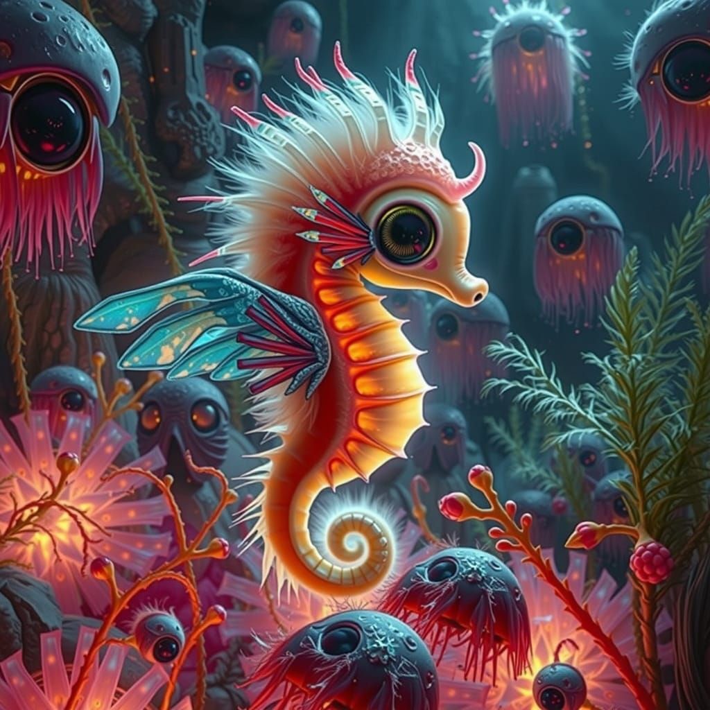 Iridescent Seahorse Creature in Bioluminescent Cav... - AI Art