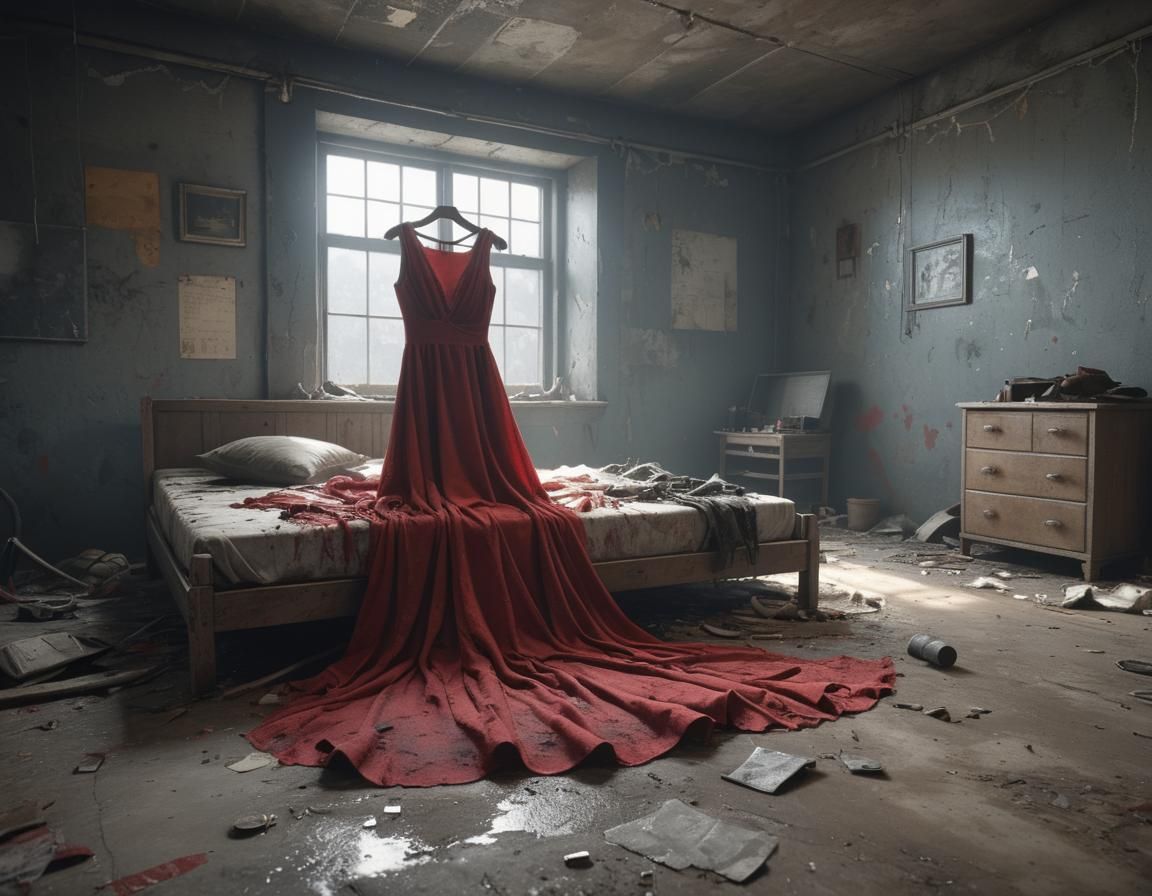 Discarded red dress laying perfectly on a bed, in post-apocalyptic room ...