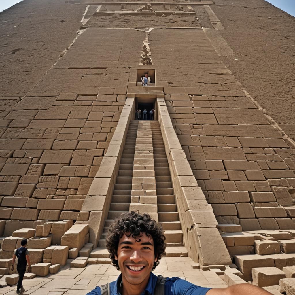 Boy taking wide angle selfie with Pyramid of Khufu with smile and curly ...