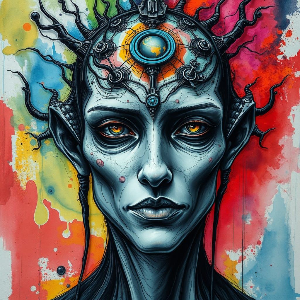 global thinker - Surrealist Portrait in Impasto Watercolor w...