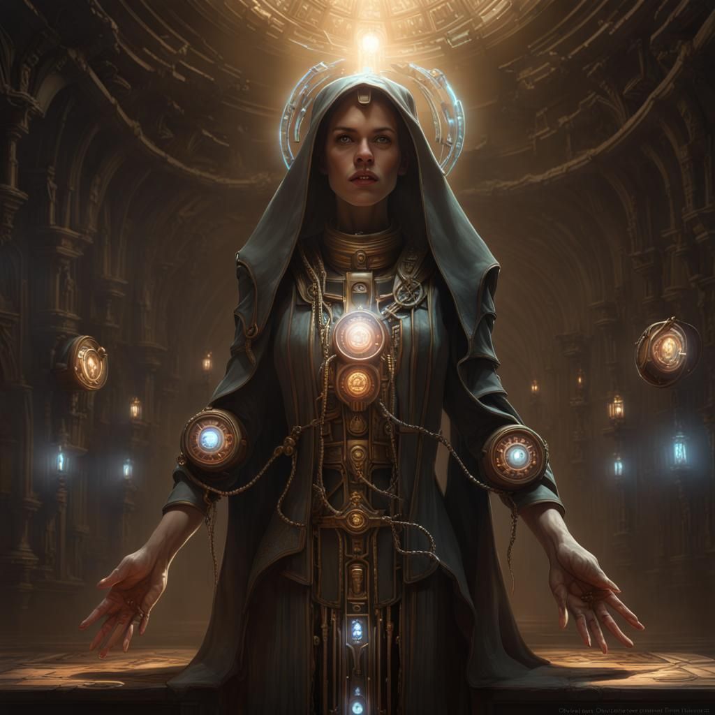 female machine priest, ritual, damaged circuitry, plate-robe, hybrid ...