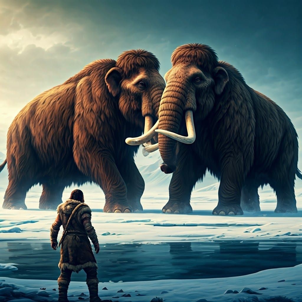 Early man watches in awe as woolly mammoths use their lethal tusks to ...