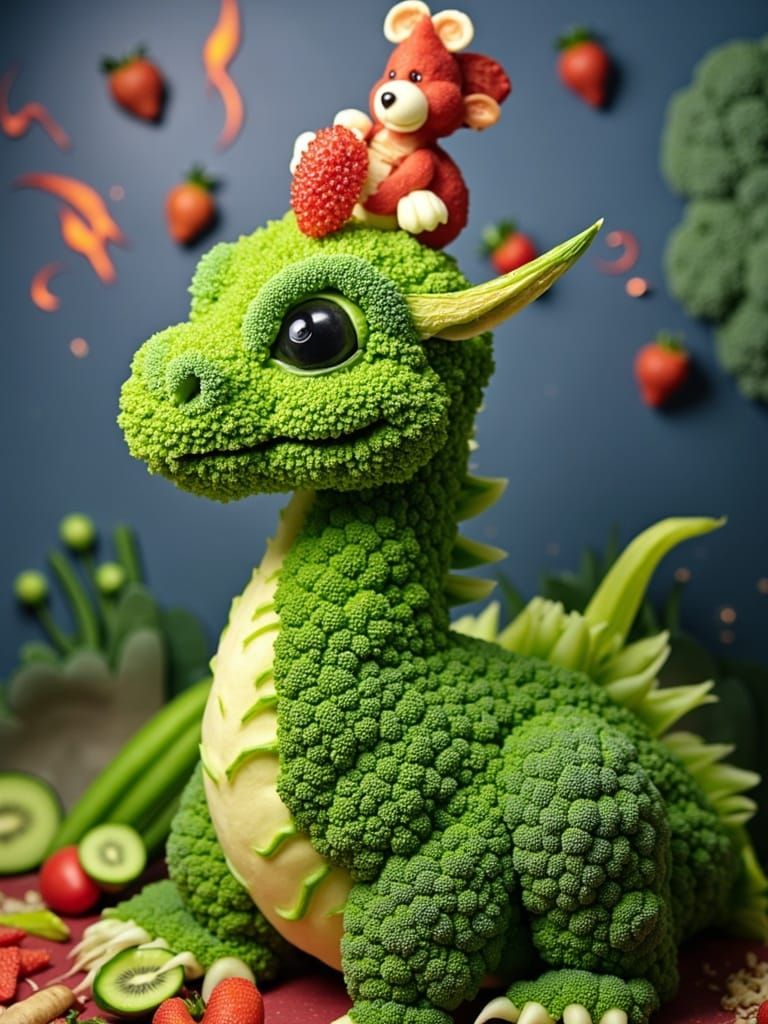 Cute broccoli dragon - Vibrant Broccoli Dragon with Companio...