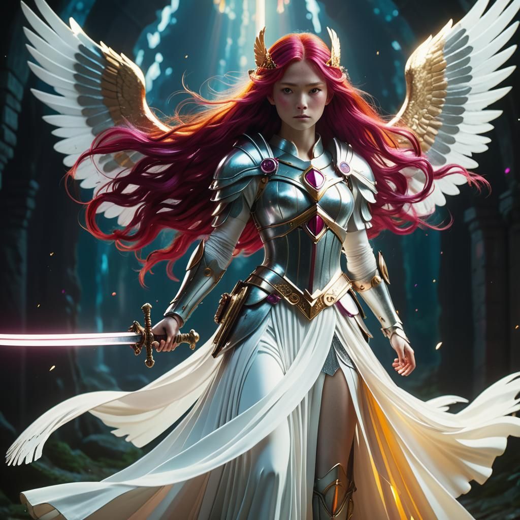 Valkyrie with very long red magenta hair, white long dress, silver ...