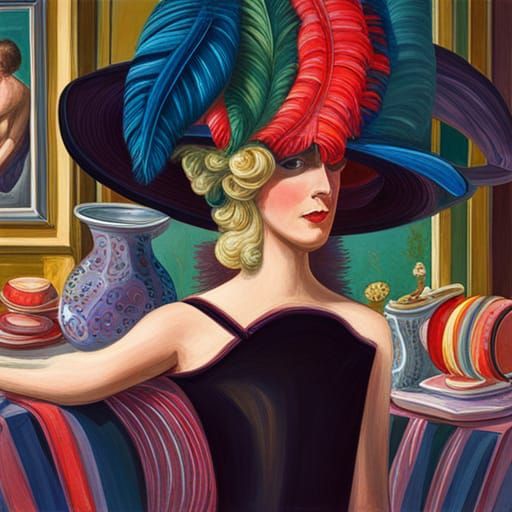 still life , lavish socialite's garish derby hat with lush feathers ...