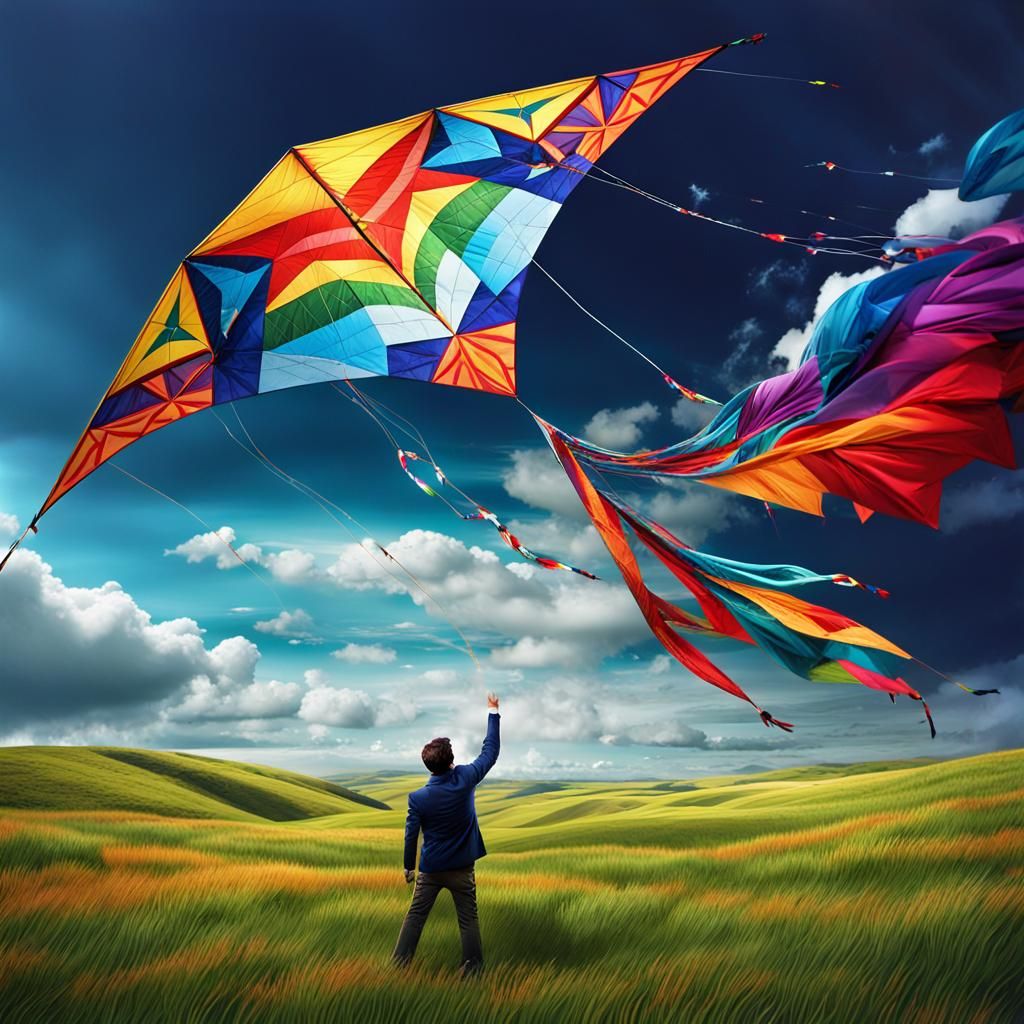 A person stands on a grassy field, arms outstretched, guiding an ...