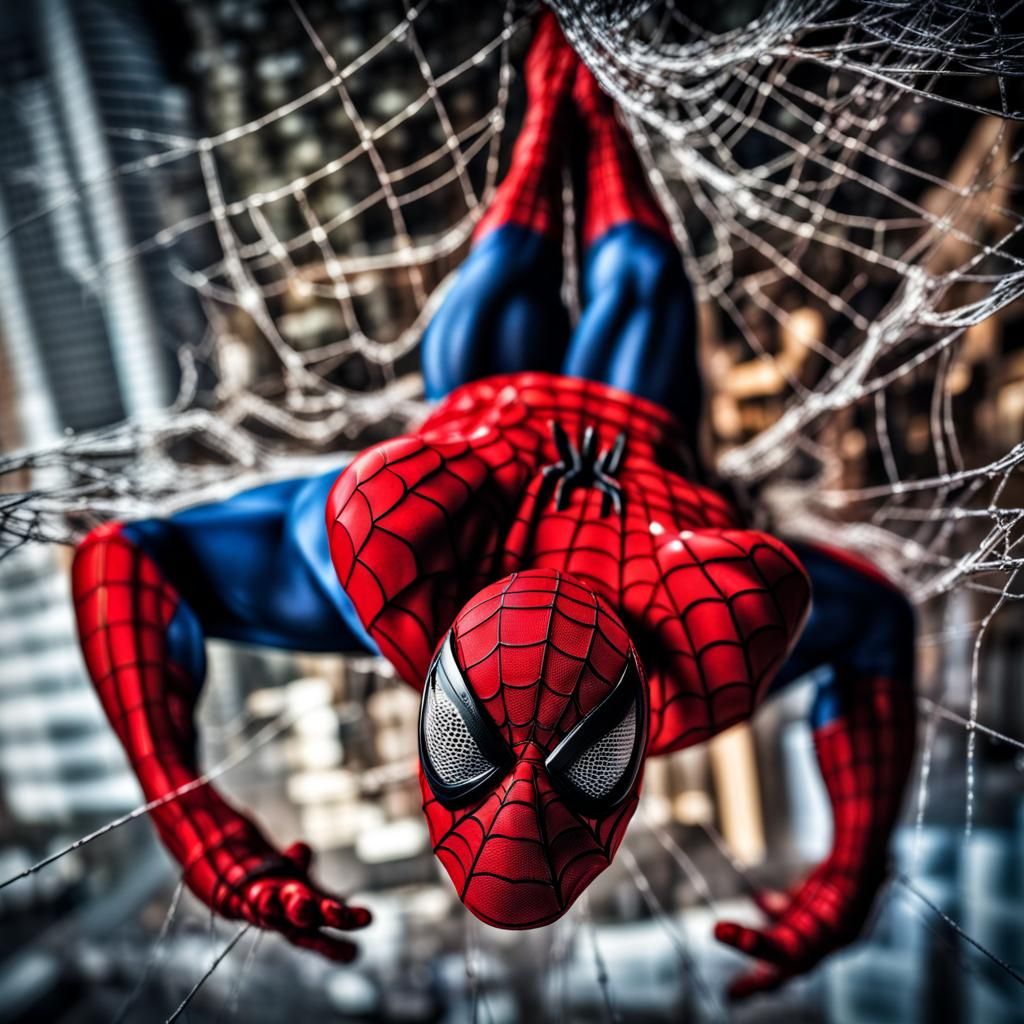 Spiderman from marvel comic's stuck upside down tangled in his own ...