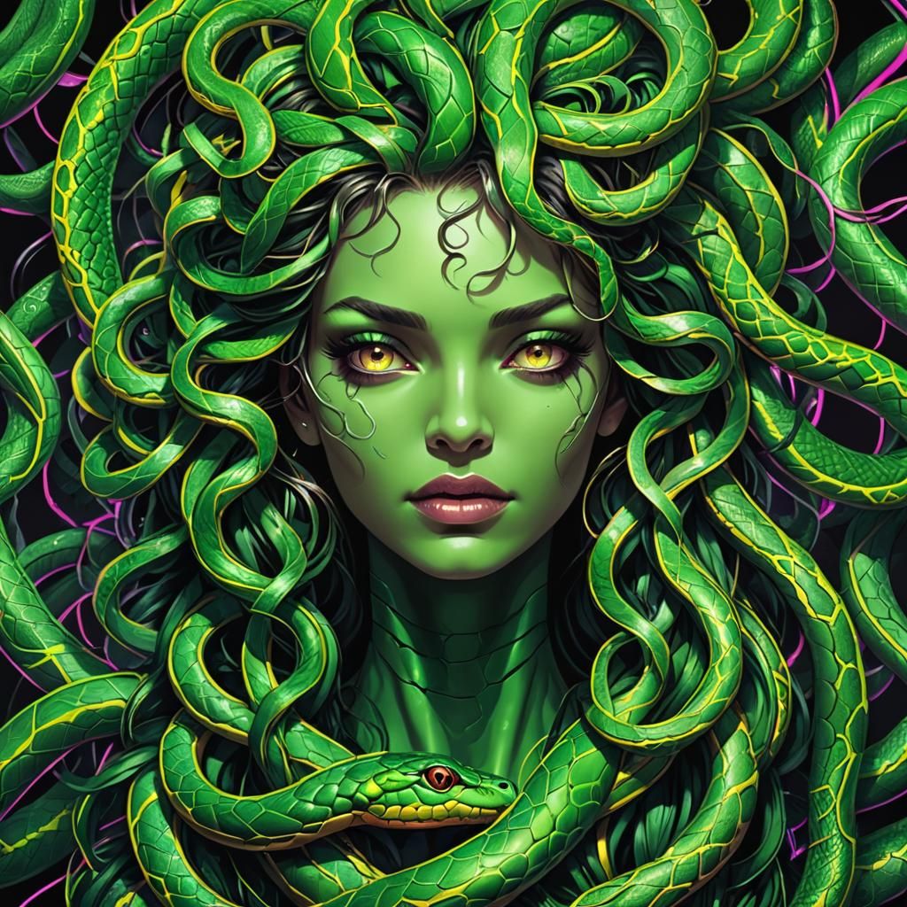 Green Snake Medusa with Neon Eyes 🐍 Comic Art Portrait 2 - AI Generated ...