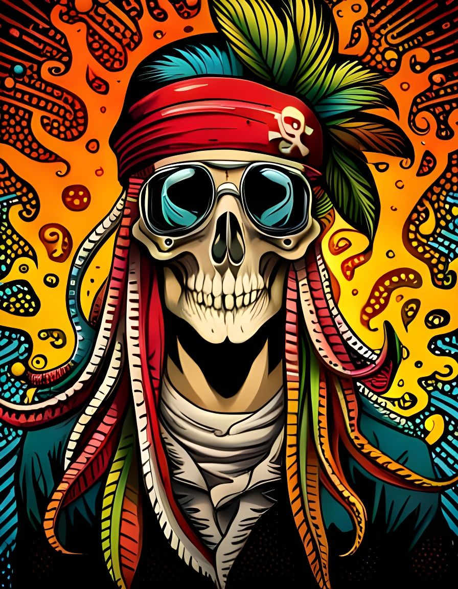 pirate squid skull ghost rasta, colorful screen printed vintage pop art ...