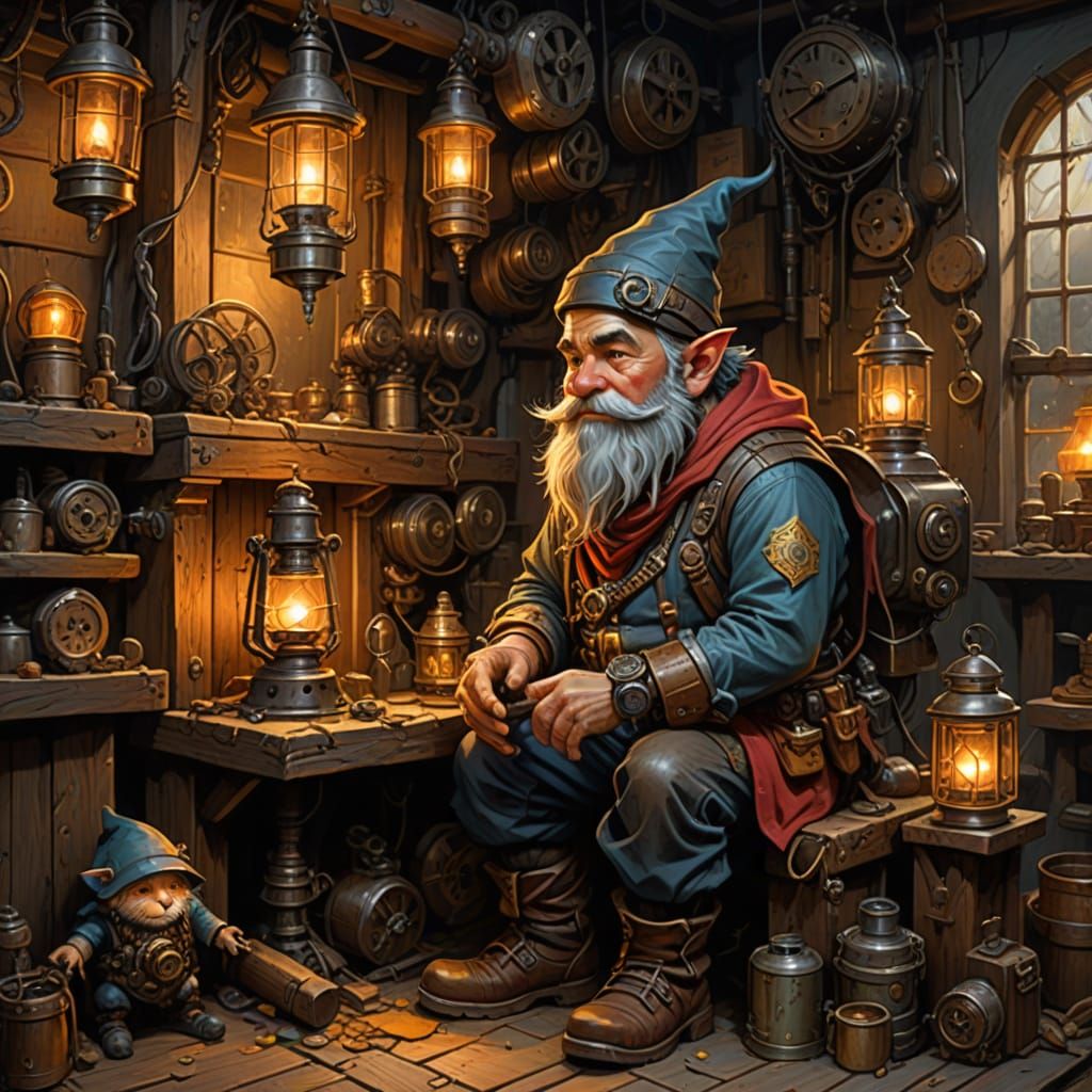 Fantasy Gnome and Clockwork Robot in a Dimly Lit W... - AI Art