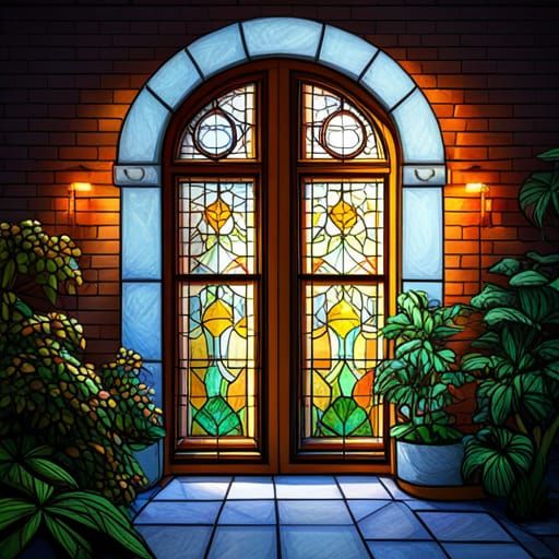 rustic windows with stained glass and plants up front - AI Generated ...