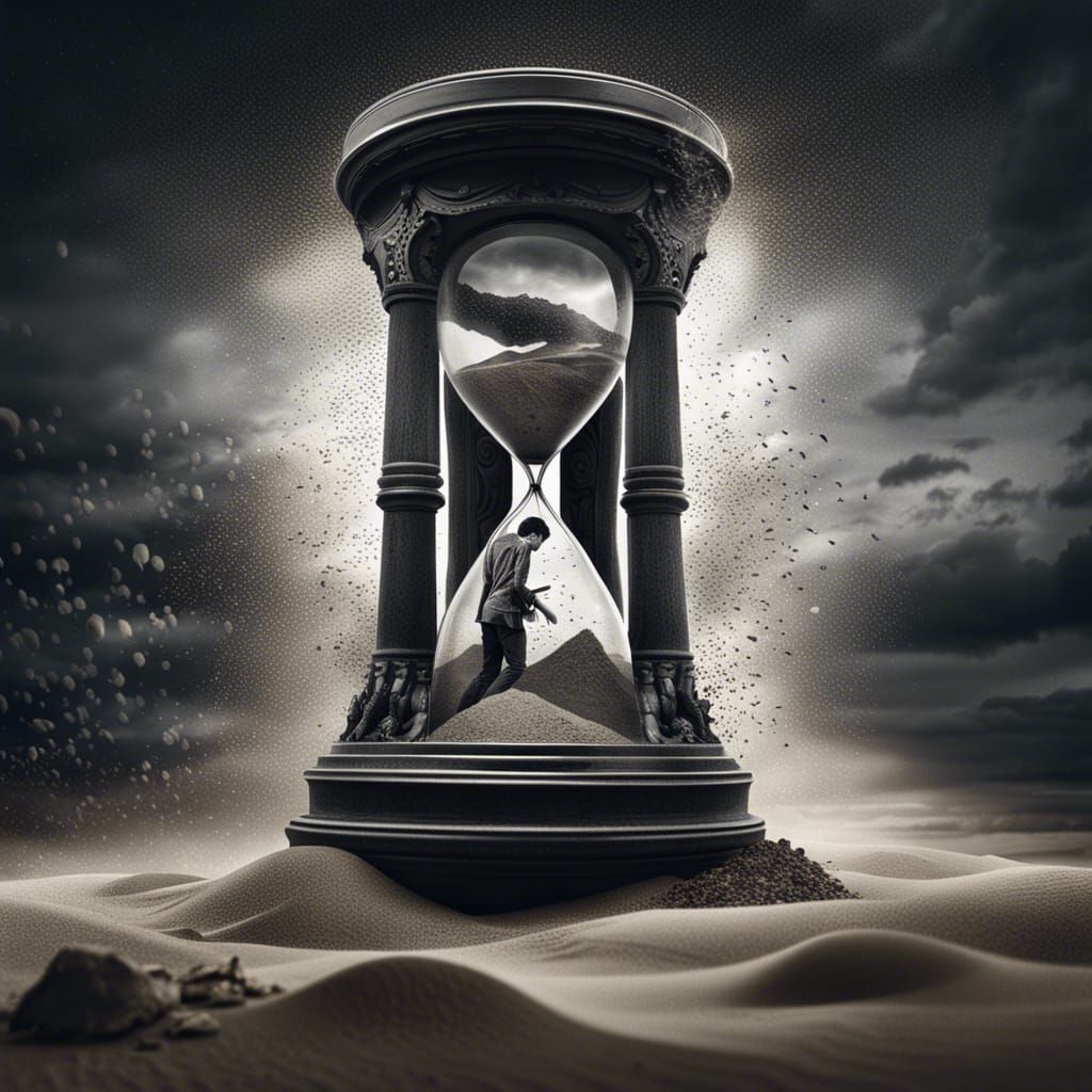 Black and white photo of a giant, intricately detailed hourglass, with ...