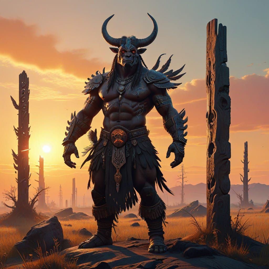 Muscular Taurus at dawn - Majestic Tauren Warrior in Golden...