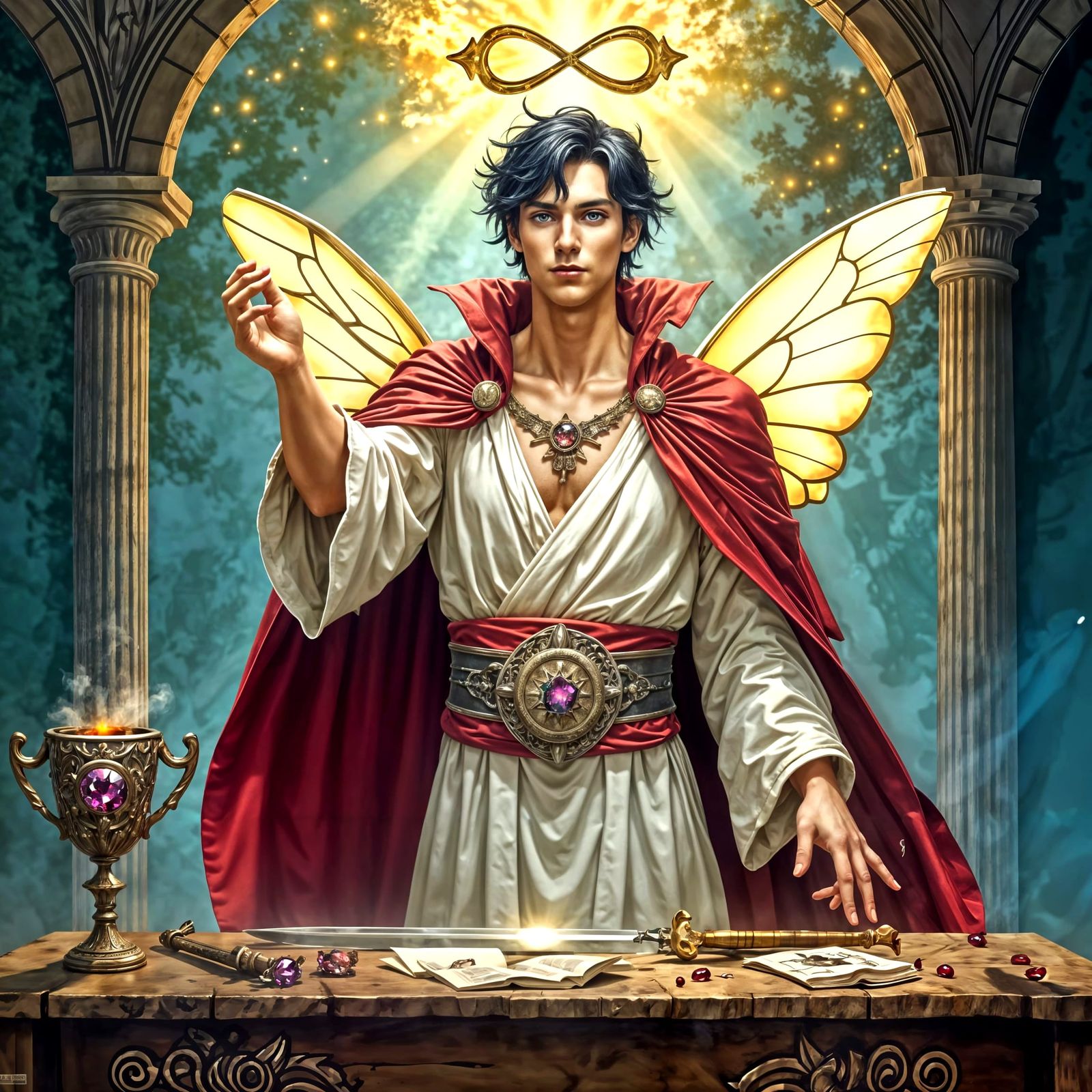 A confident, short dark-haired, handsome male fairy with piercing blue ...