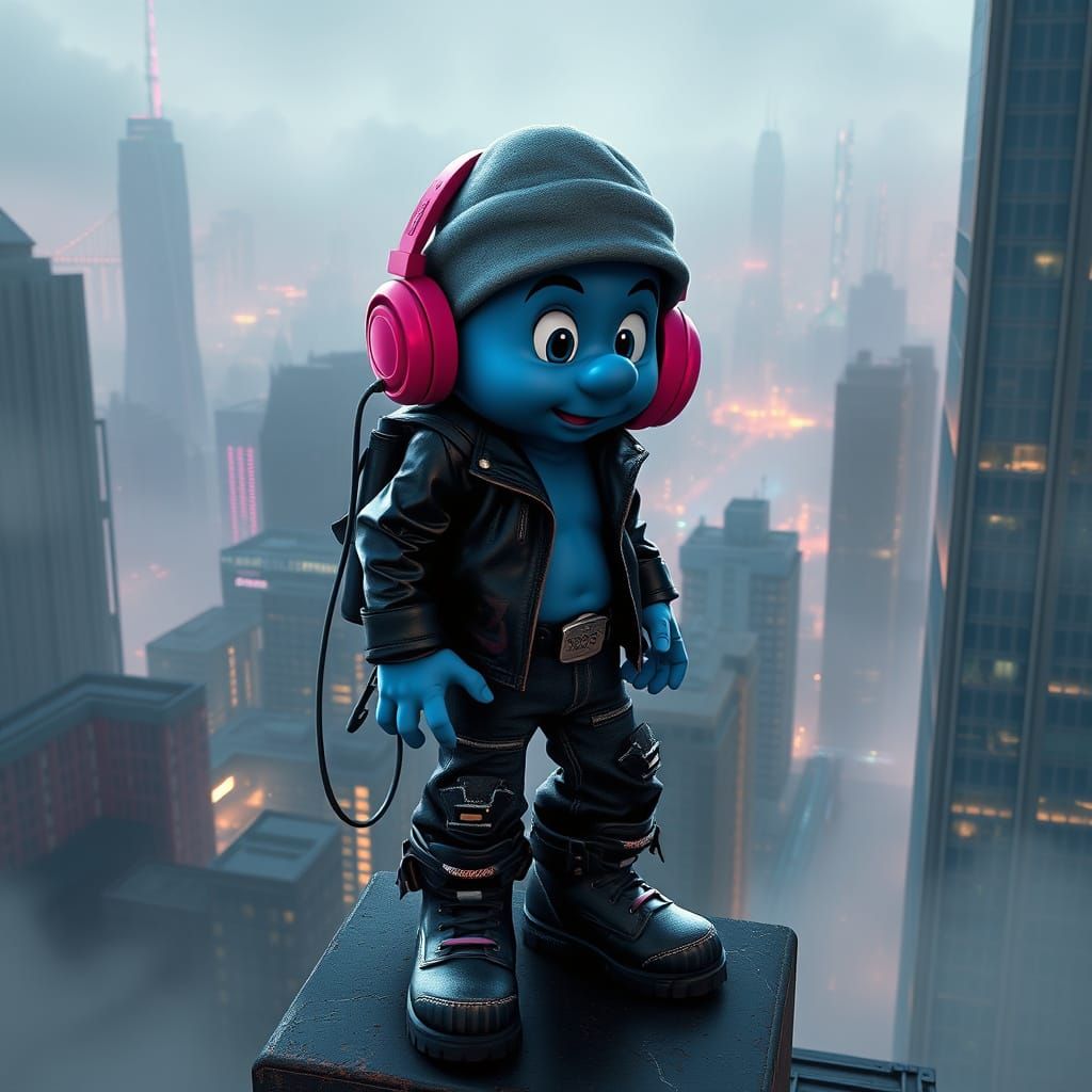 Cyberpunk Smurf - Cyberpunk Smurf in Gritty Urban Landscape