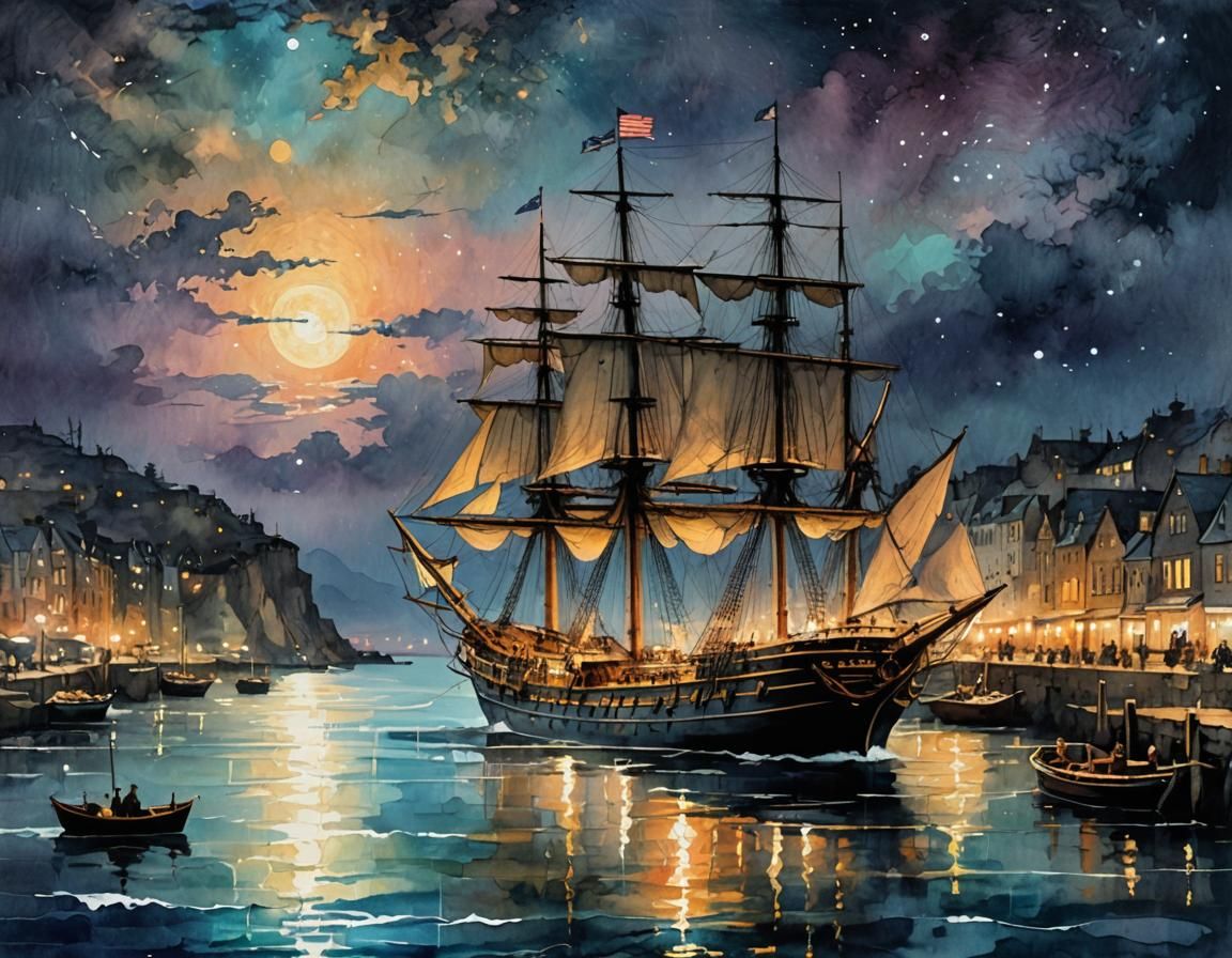 Starry Night on the Water: The Tall Ship's Splendor - AI Generated ...