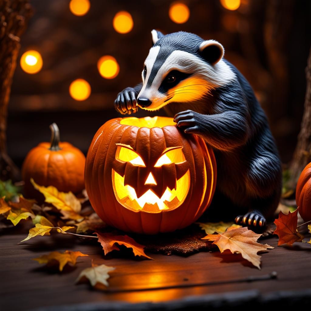 Epic photo of a cute badger carving pumpkin into Jack O'lanterne, deep ...