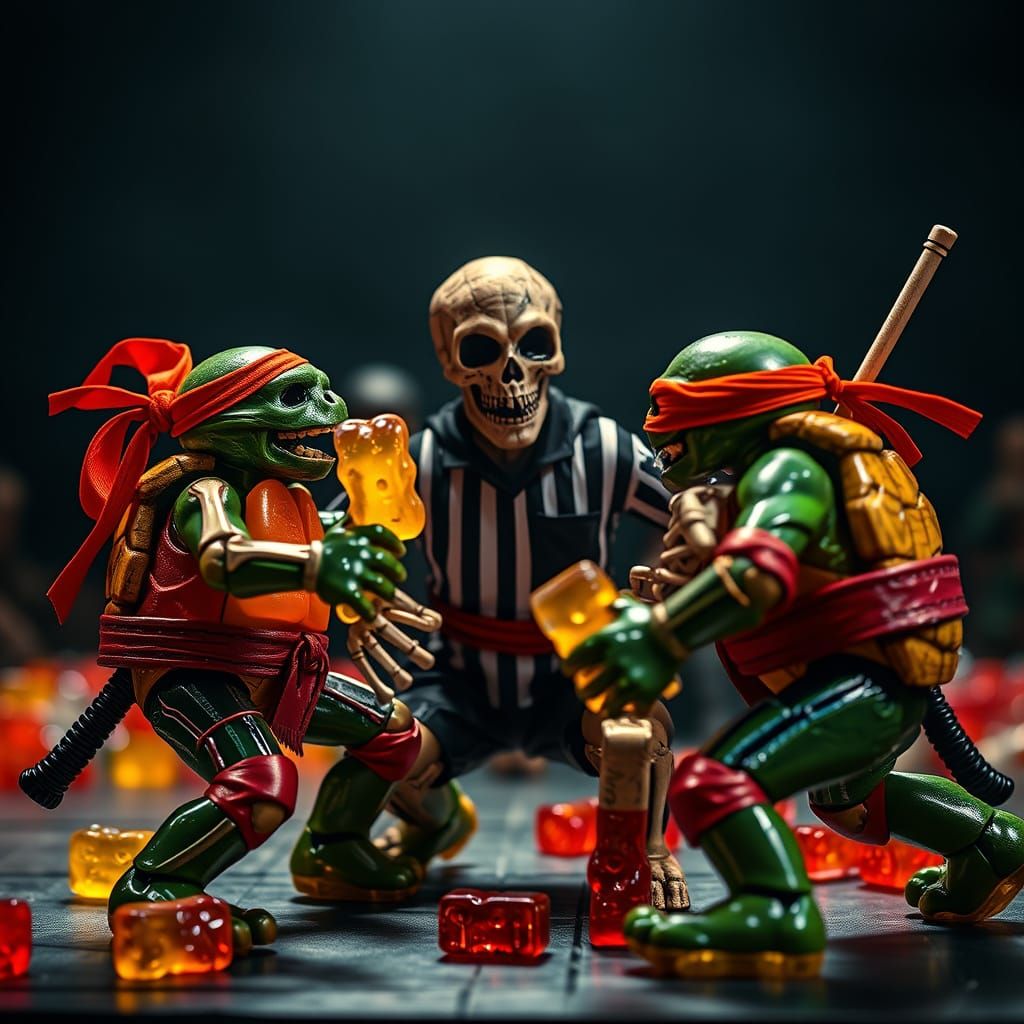Gummy bears fighting against ninja turtles Micro . Skeleton Jesus is ...
