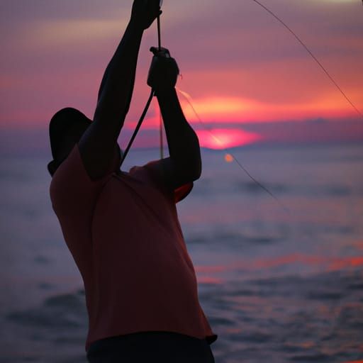 A man struggling to pull a big strong fish out of the sea with a ...