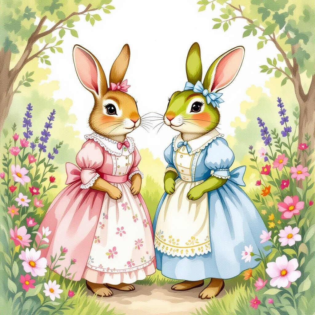 Miss Bunny and Miss Froggy in Garden Party Attire - AI Art