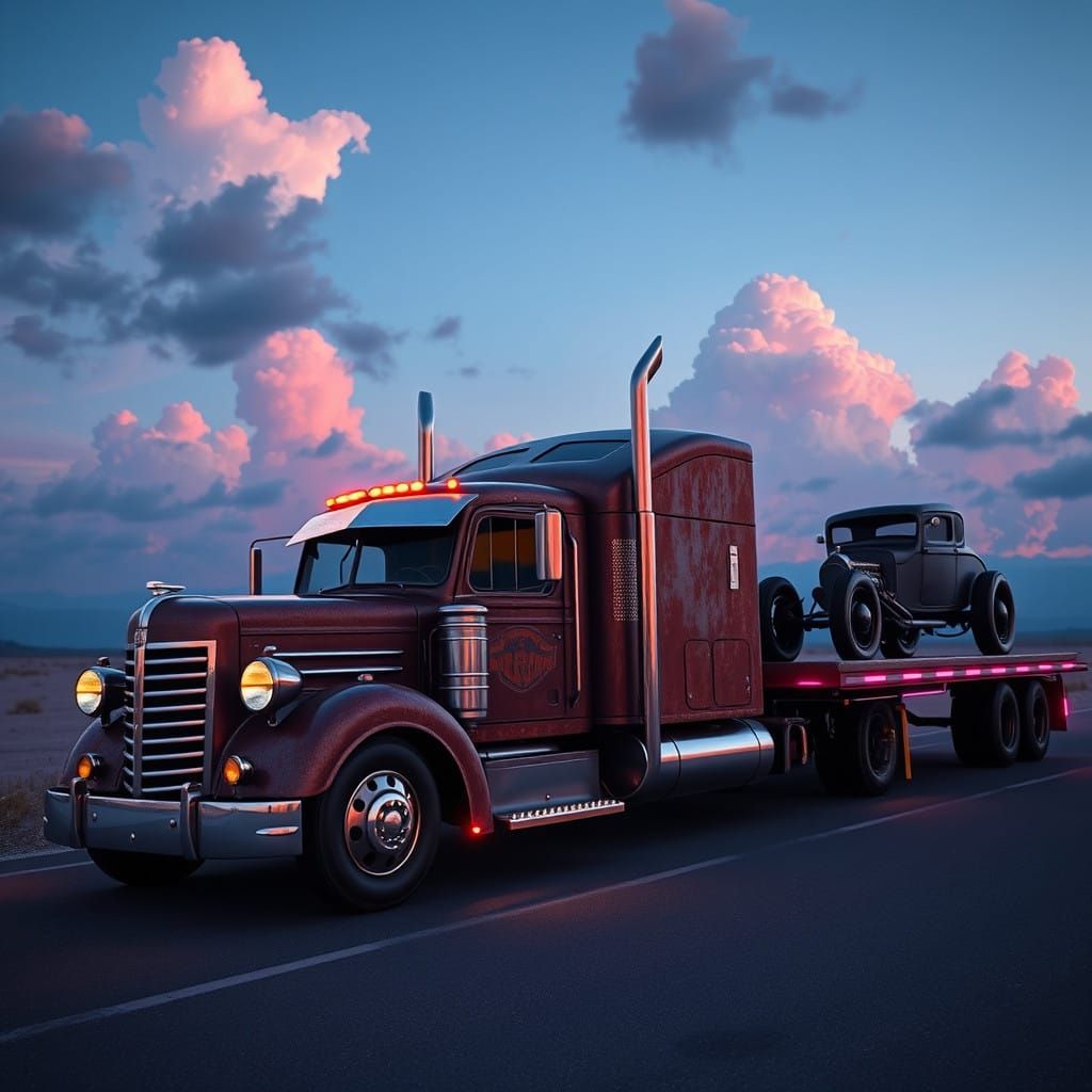 Rat Rod Semi-Truck Hauling Vintage 1932 Ford Coup ... - AI Art