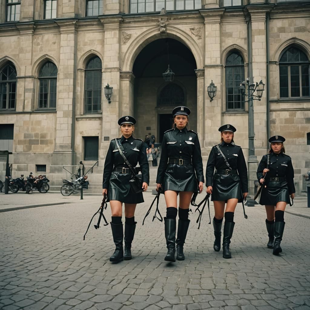 Six statuesque female prison guards wearing black leather uniform with short skirts and black ...
