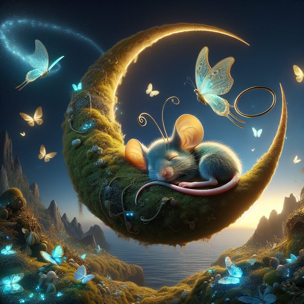 Butterfly mouse on Crescent Moon - Miniature Moonlit Fantasy...