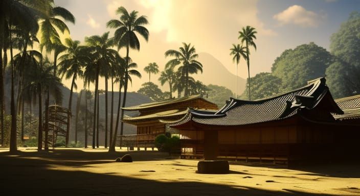 Old japanese architecture ancient stable in a valley, surrounded by ...